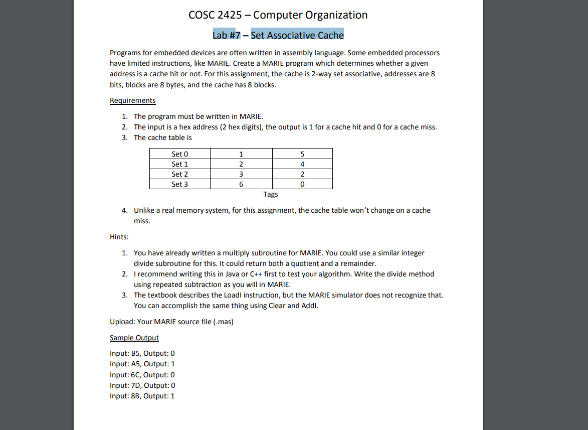 COSC 2425 - Computer Organization Lab #7-Set | Chegg.com