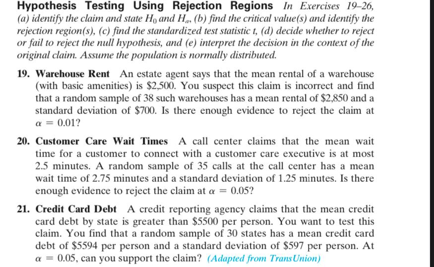 Solved Hypothesis Testing Using Rejection Regions In | Chegg.com