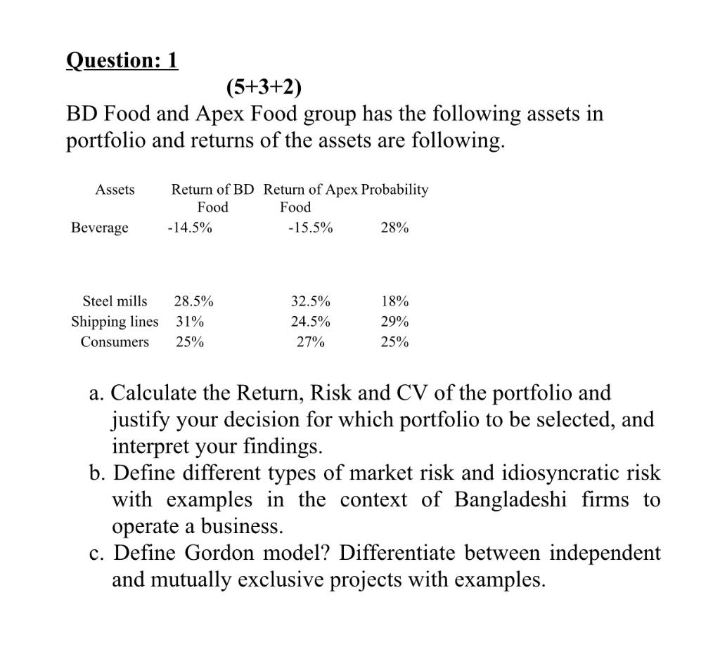 Question: 1 (5+3+2) BD Food and Apex Food group has | Chegg.com