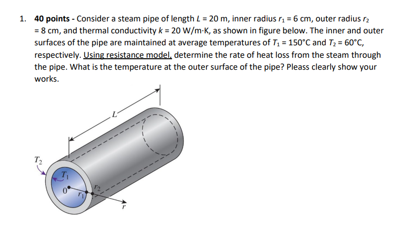 Solved 1. 40 points - Consider a steam pipe of length L=20 | Chegg.com