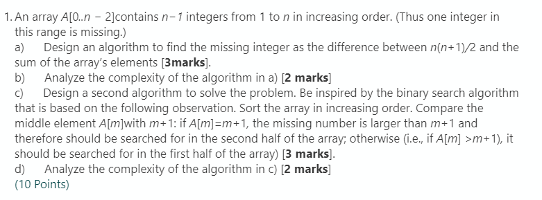 Solved 1. An array A[o..n - 2]contains n-1 integers from 1 | Chegg.com