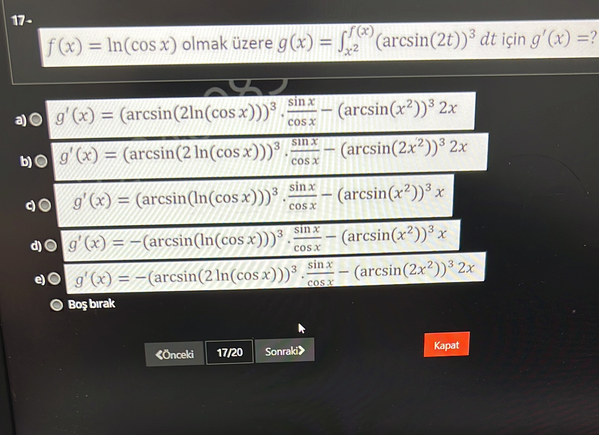 Solved f(x)=ln(cosx) olmak üzere g(x)=∫x2f(x)(arcsin(2t))3dt | Chegg.com