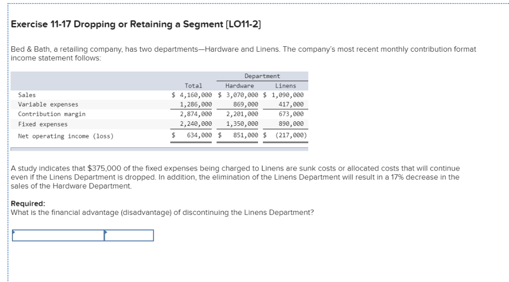 Solved Exercise 11-17 Dropping or Retaining a Segment | Chegg.com