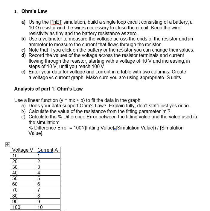 Solved 1. Ohm's Law a) Using the PhET simulation, build a | Chegg.com