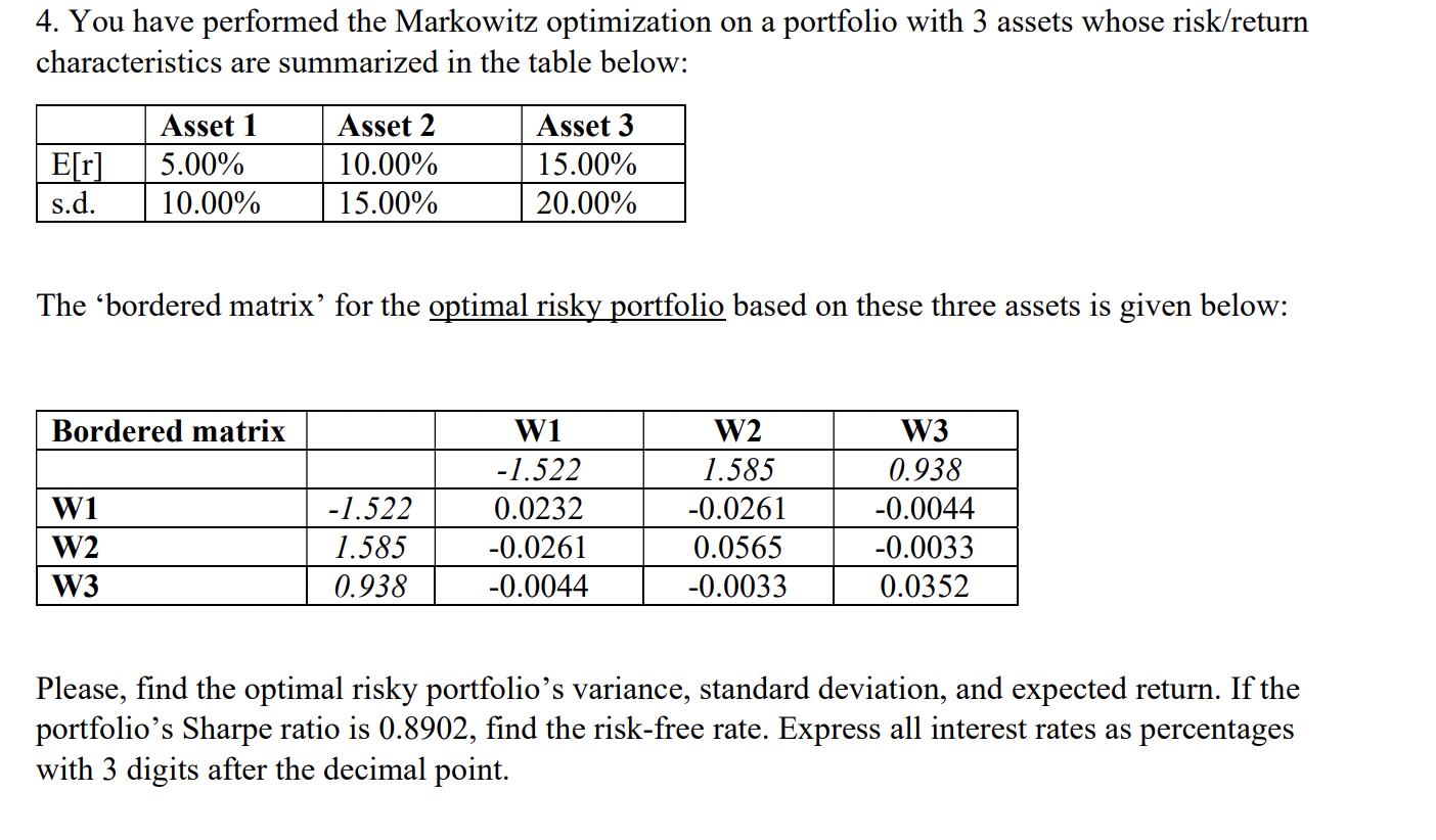 4. You have performed the Markowitz optimization on a | Chegg.com