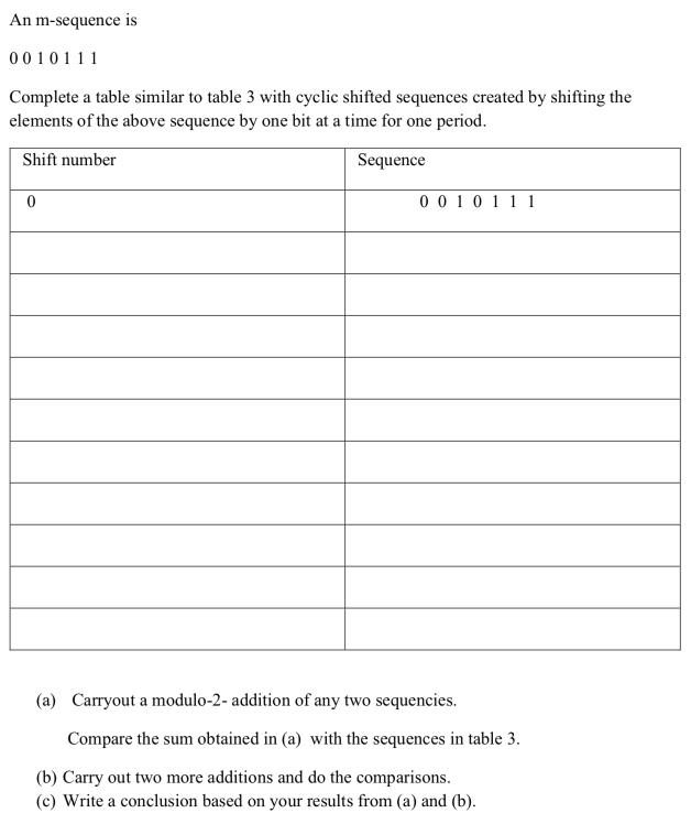 Solved An m-sequence is 0010111 Complete a table similar to | Chegg.com
