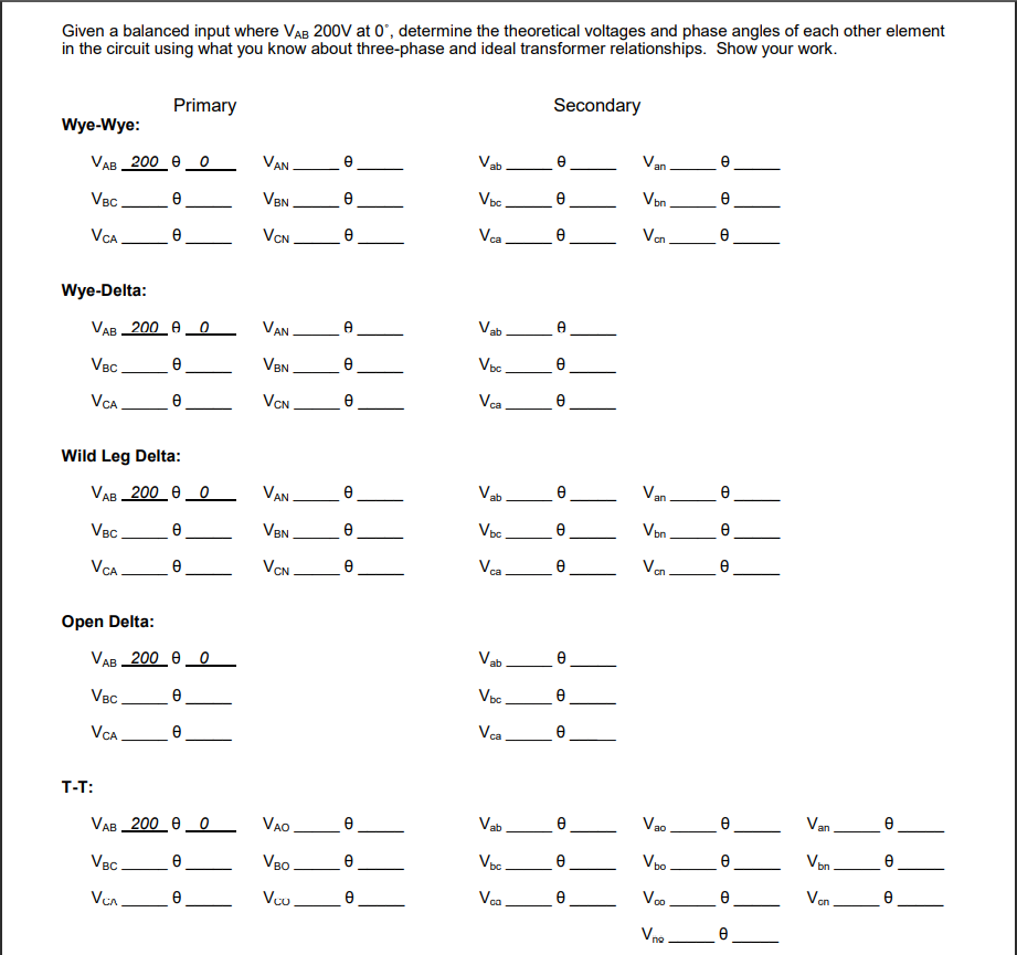 Solved Given a balanced input where VAB 200V at 0°, | Chegg.com