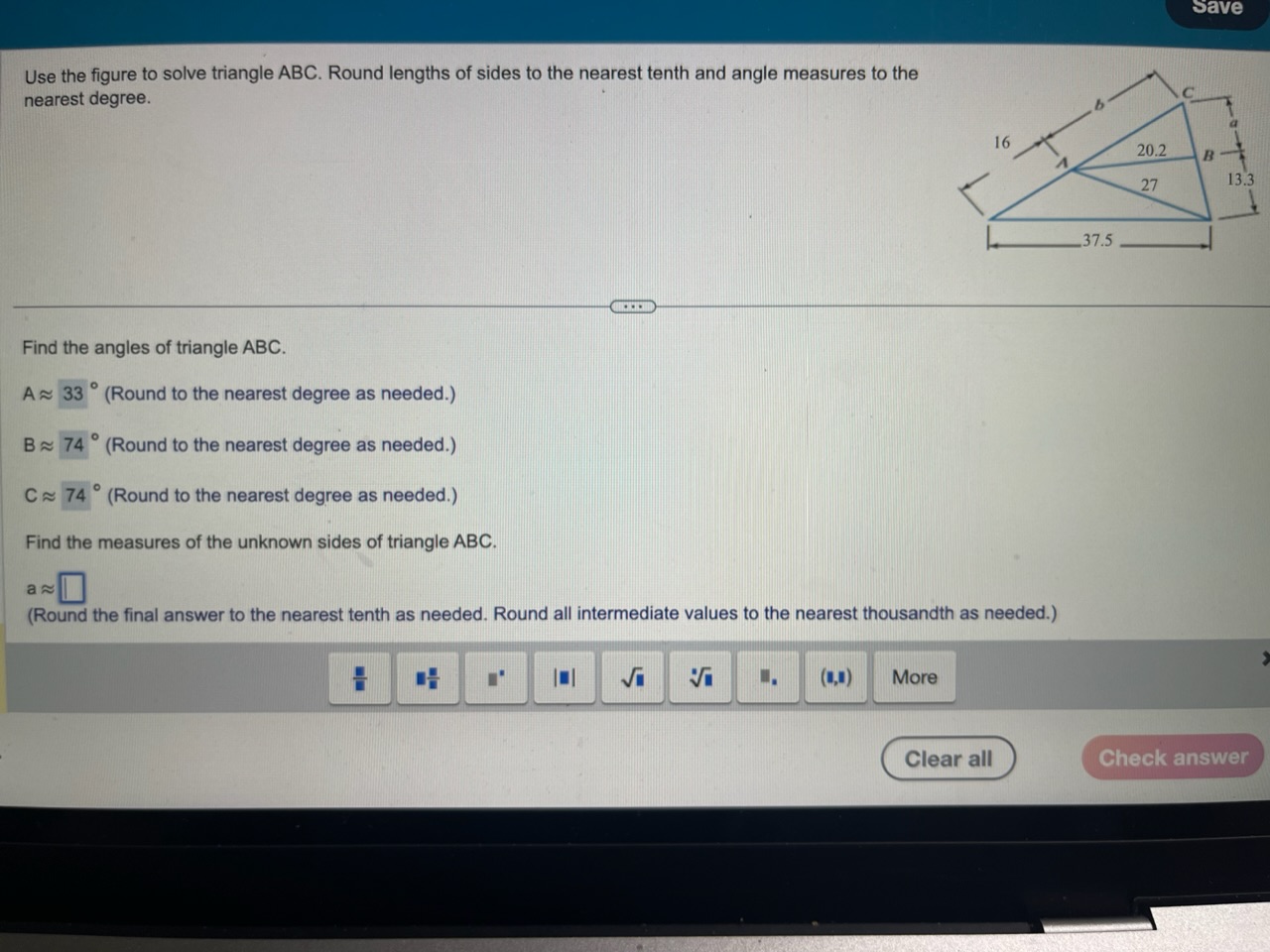 Solved Use the figure to solve triangle ABC. Round lengths | Chegg.com