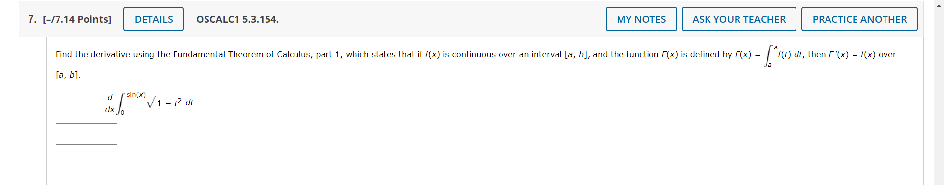 Solved [a,b] dxd∫0sin(x)1−t2dt | Chegg.com