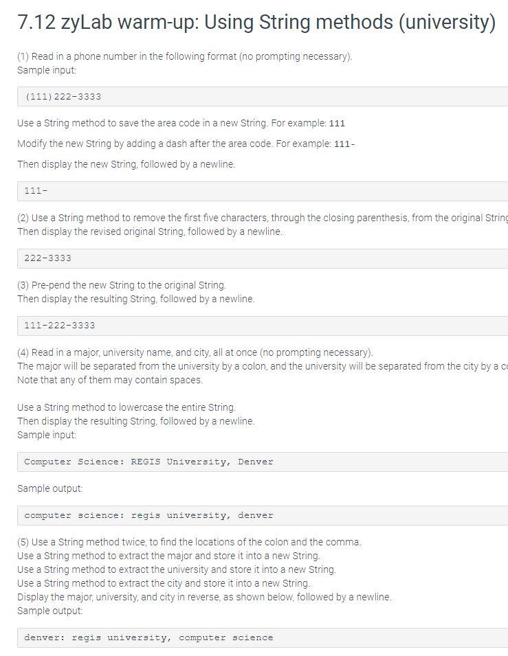 Solved 7.12 zyLab warm-up: Using String methods (university) | Chegg.com