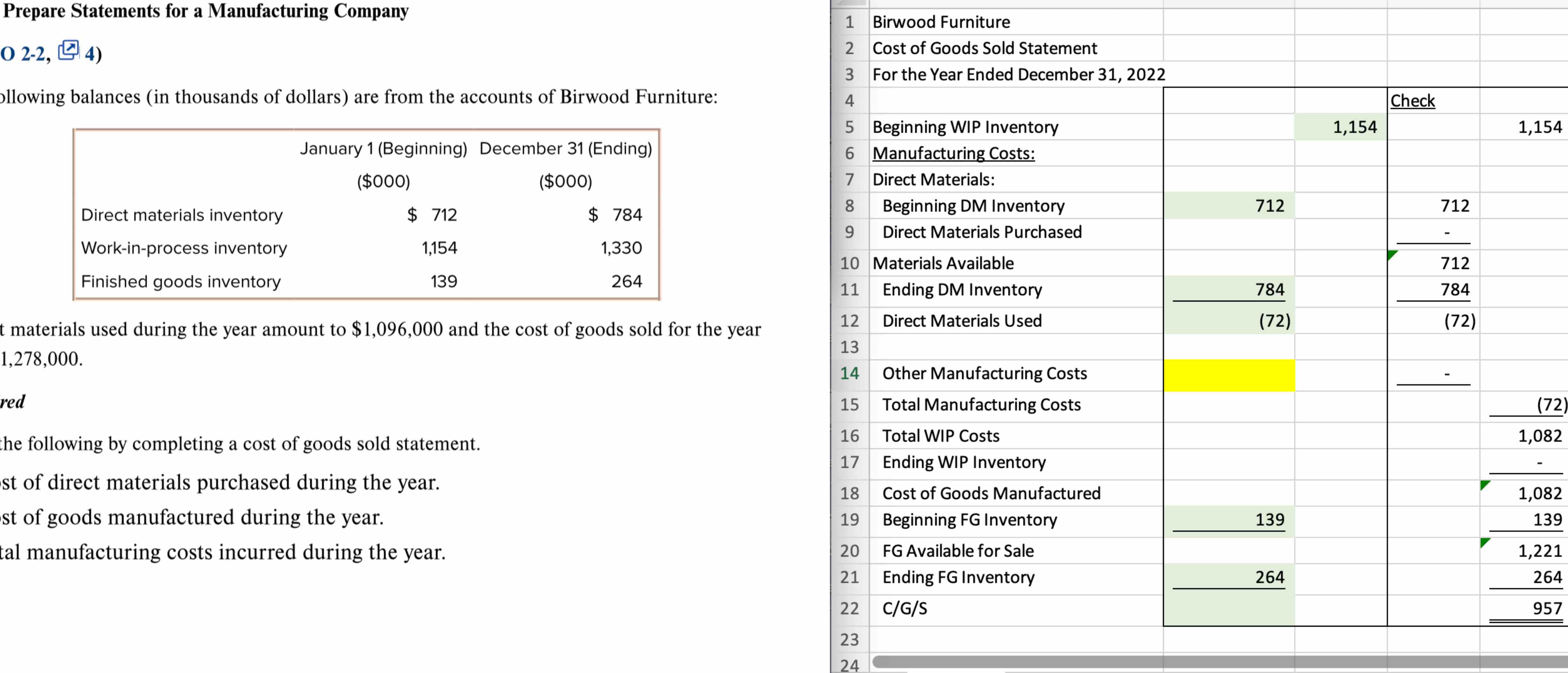 Solved needing help filling out the COGS statement on the | Chegg.com