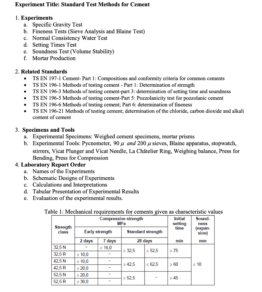 Experiment Title: Standard Test Methods for Cement 1. | Chegg.com