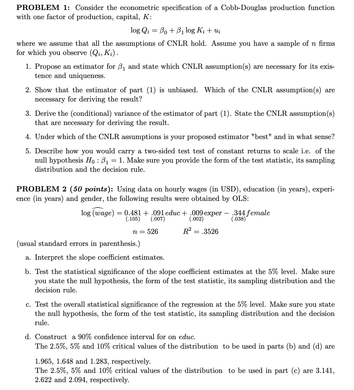 Solved PROBLEM 1: Consider the econometric specification of | Chegg.com