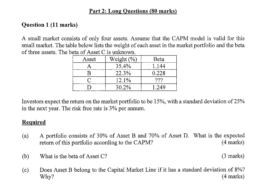 Solved A small market consists of only four assets. Assume | Chegg.com