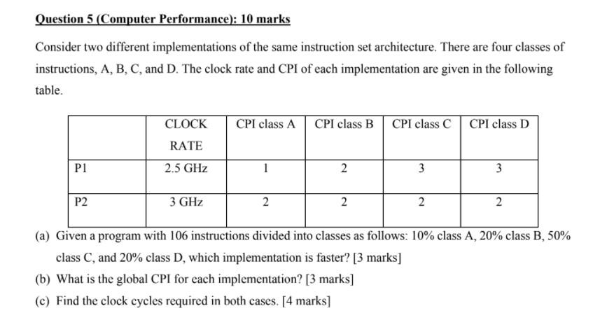 Solved Question 5 (Computer Performance): 10 marks Consider | Chegg.com