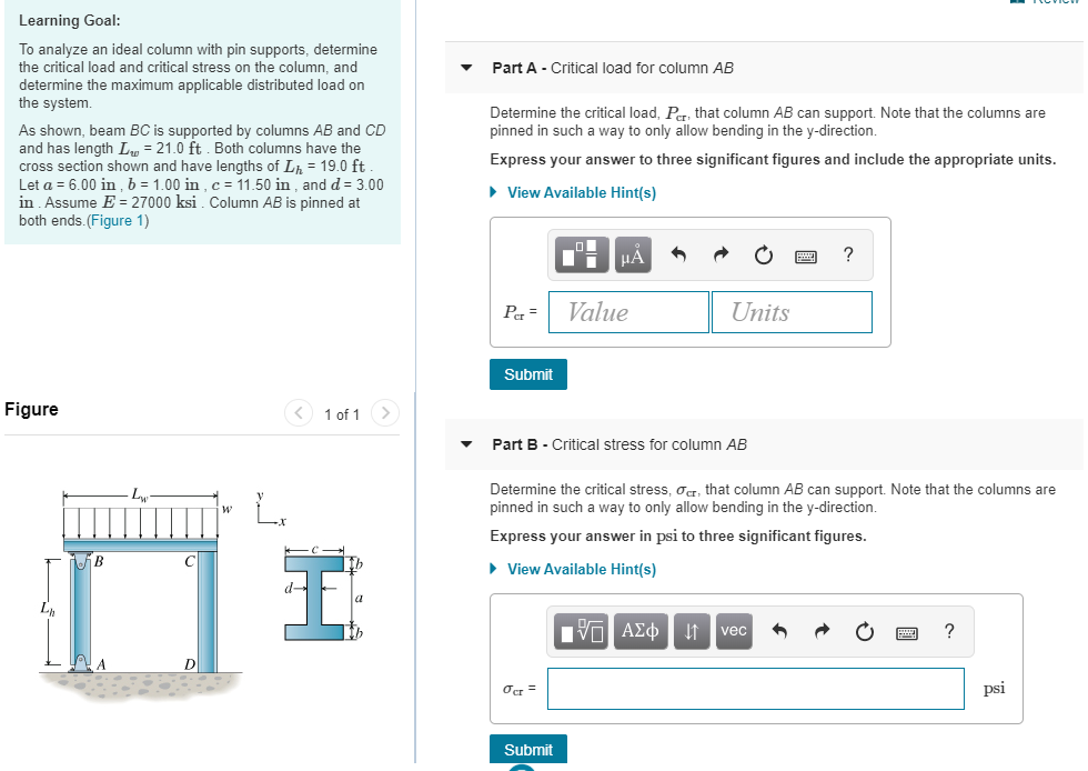Solved Part A - Critical load for column AB Learning Goal: | Chegg.com