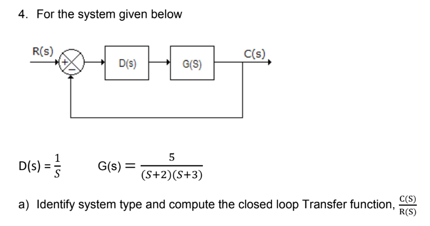 Solved 4. For the system given below D(s)=S1G(s)=(S+2)(S+3)5 | Chegg.com
