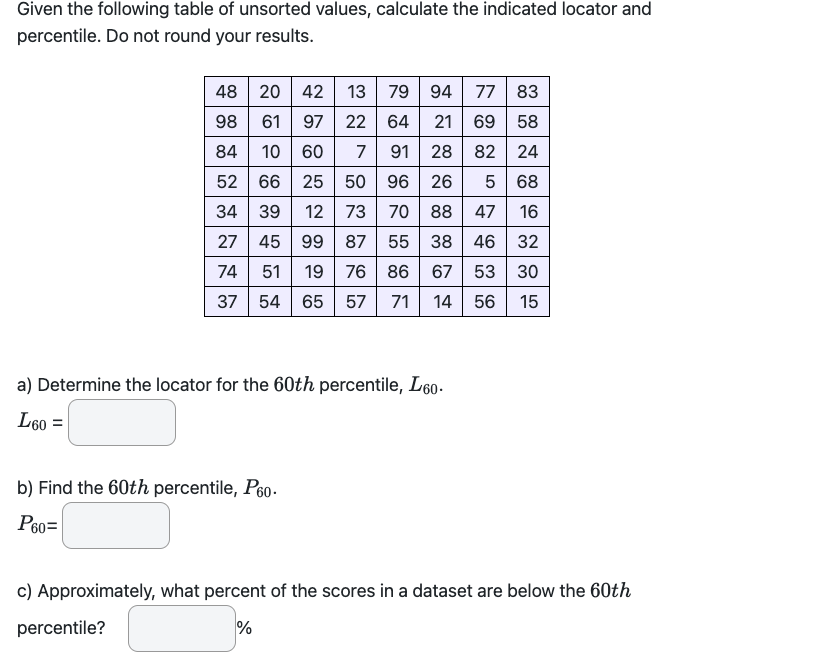 Solved Given the following table of unsorted values, | Chegg.com