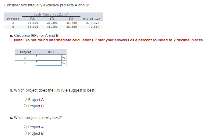 Solved Consider two mutually exclusive projects A and B ﻿:a. | Chegg.com