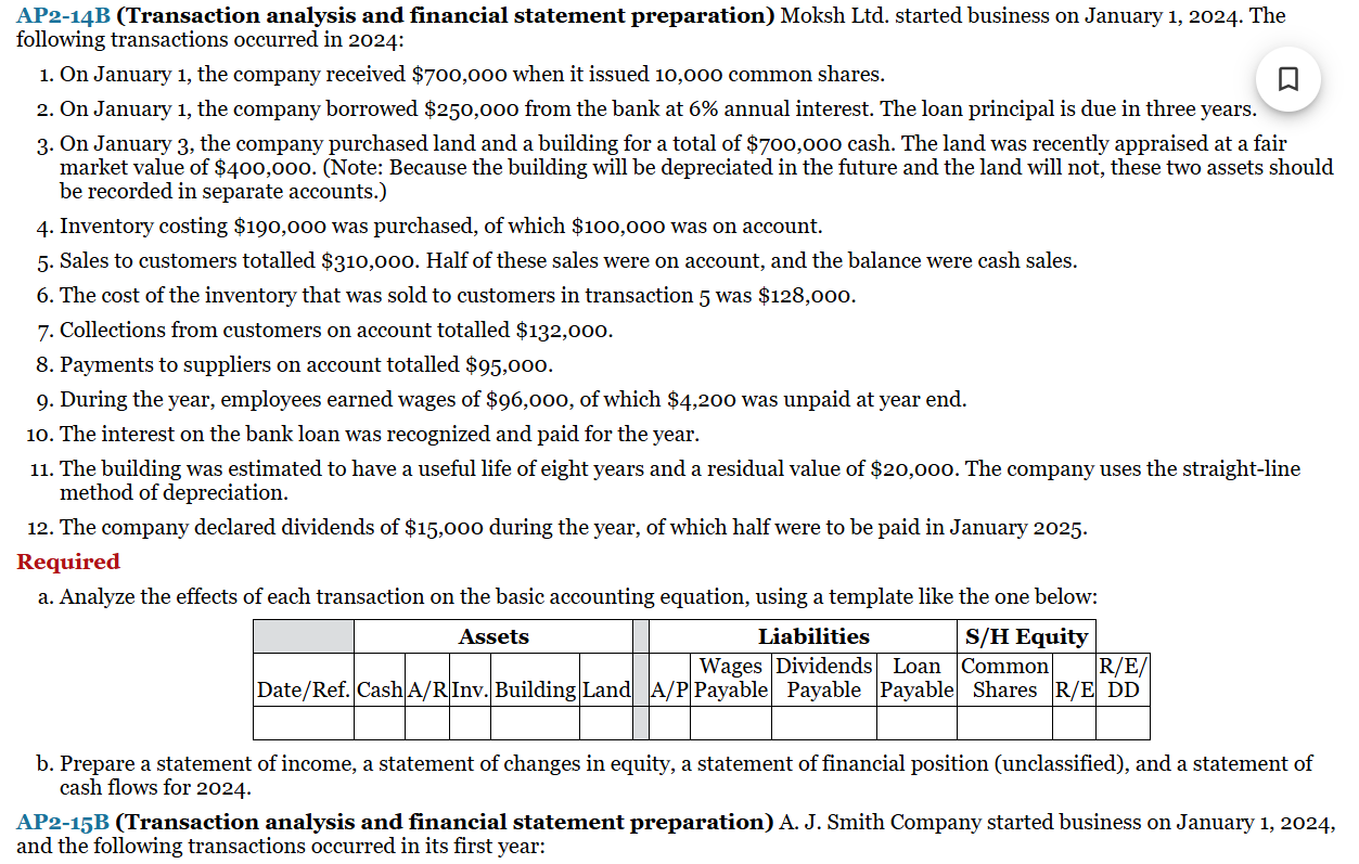Solved AP2-14B (Transaction analysis and financial statement | Chegg.com