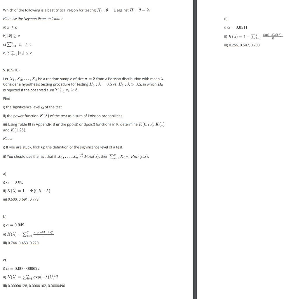 Solved Which of the following is a best critical region for | Chegg.com