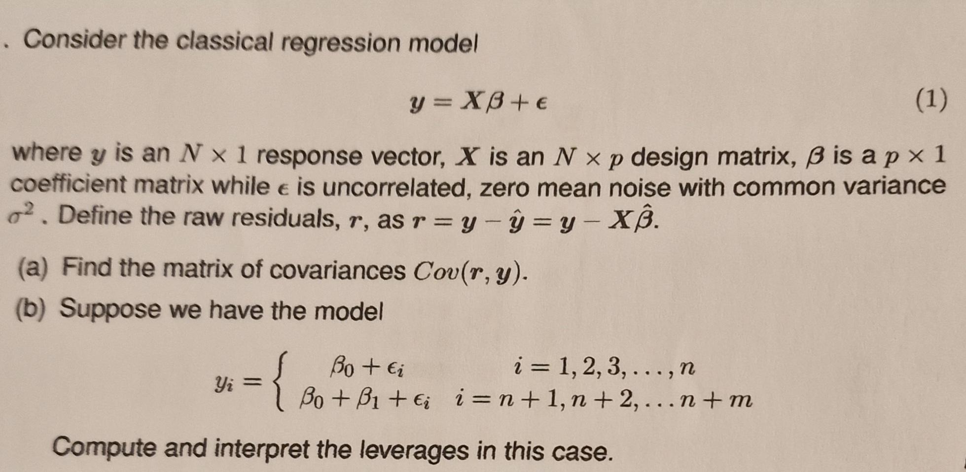 Consider the classical regression model y=Xβ+ϵ where | Chegg.com