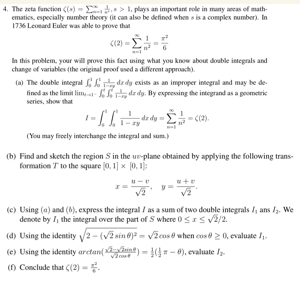 Solved 4. The zeta function 5(s) = 2n=1 m, s > 1, plays an | Chegg.com