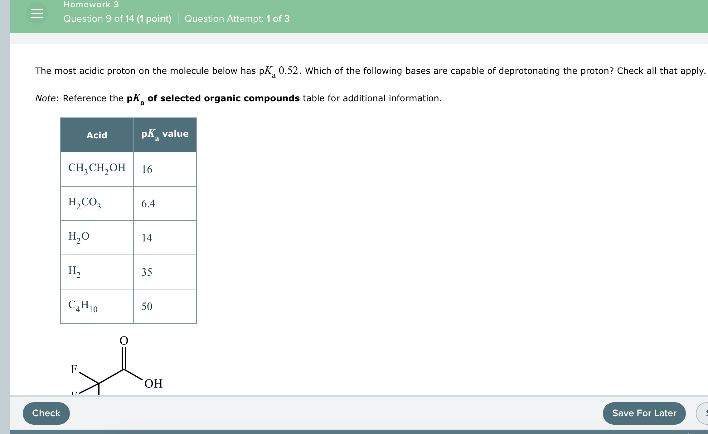 Solved The most acidic proton on the molecule below has | Chegg.com