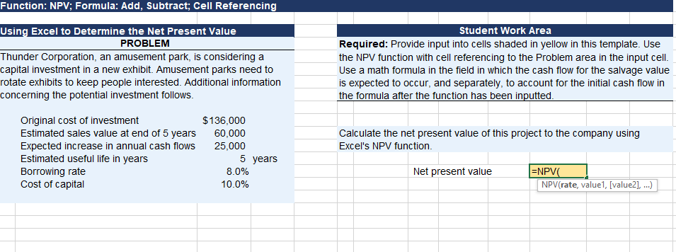 Solved Function: NPV; Formula: Add, Subtract; Cell | Chegg.com