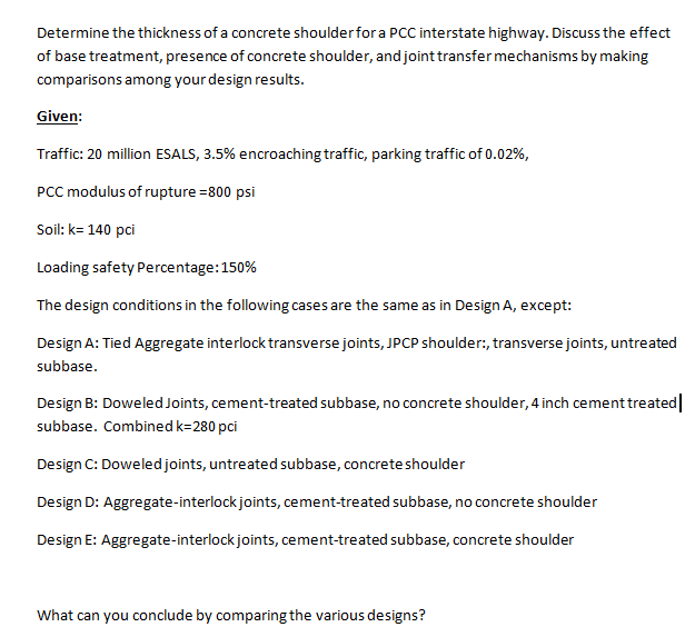 Determine the thickness of a concrete shoulder for a | Chegg.com