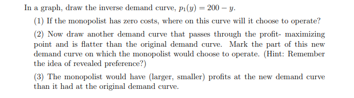 Solved In a graph, draw the inverse demand curve, pı(y) = | Chegg.com
