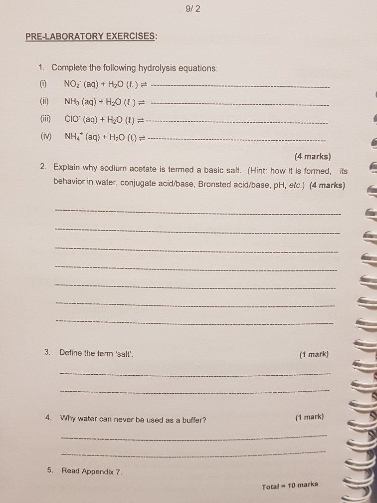 Solved 9/2 PRE-LABORATORY EXERCISES: Complete the following | Chegg.com