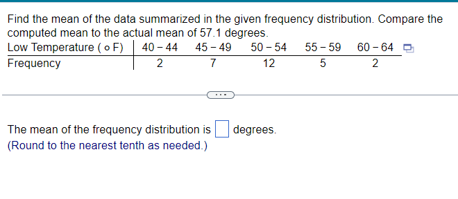 Solved Find the mean of the data summarized in the given | Chegg.com