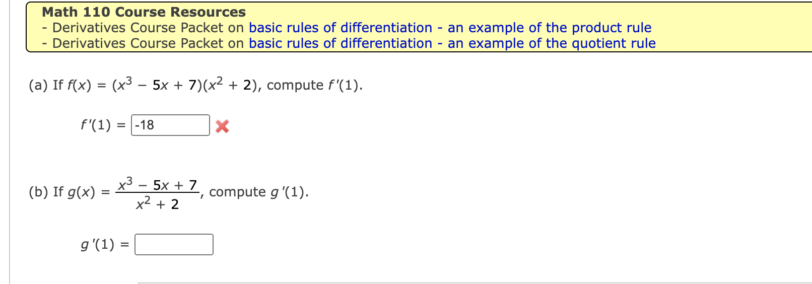 Solved Math 110 Course Resources - Derivatives Course Packet | Chegg.com