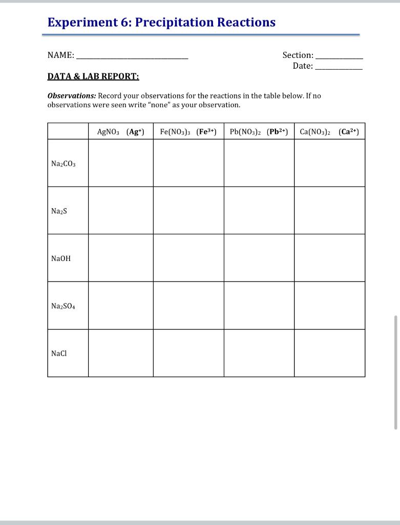 Solved Experiment 6: Precipitation Reactions NAME: Section: | Chegg.com