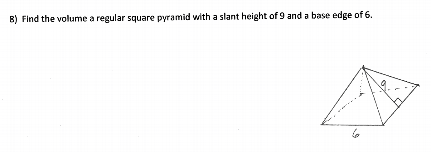 Solved 8) Find the volume a regular square pyramid with a | Chegg.com