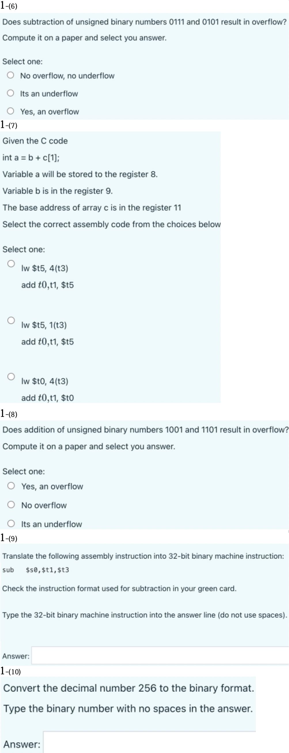 Solved 1-(6) Does subtraction of unsigned binary numbers | Chegg.com
