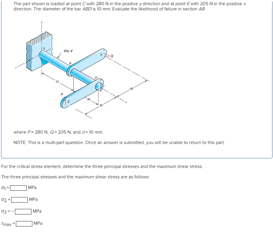 Solved The part shown is loaded at point C with 280 N in the | Chegg.com