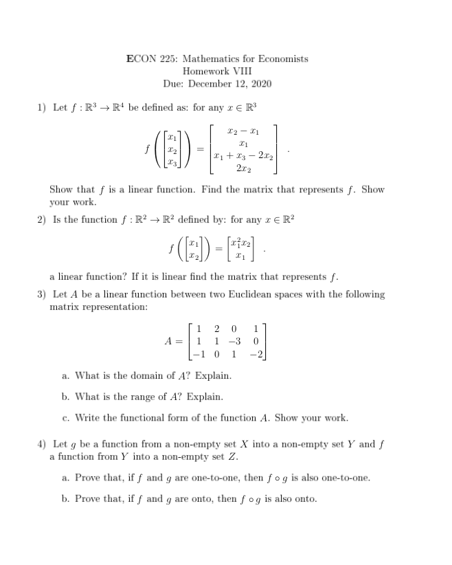 Solved ECON 225: Mathematics for Economists Homework VIII | Chegg.com