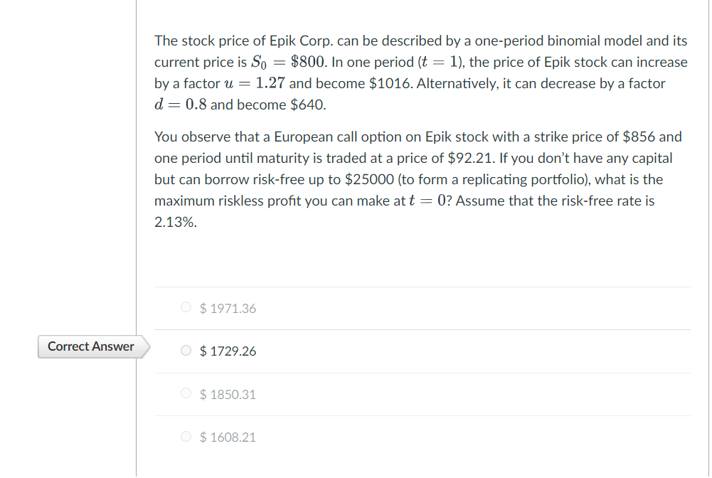 Solved The stock price of Epik Corp. can be described by a | Chegg.com