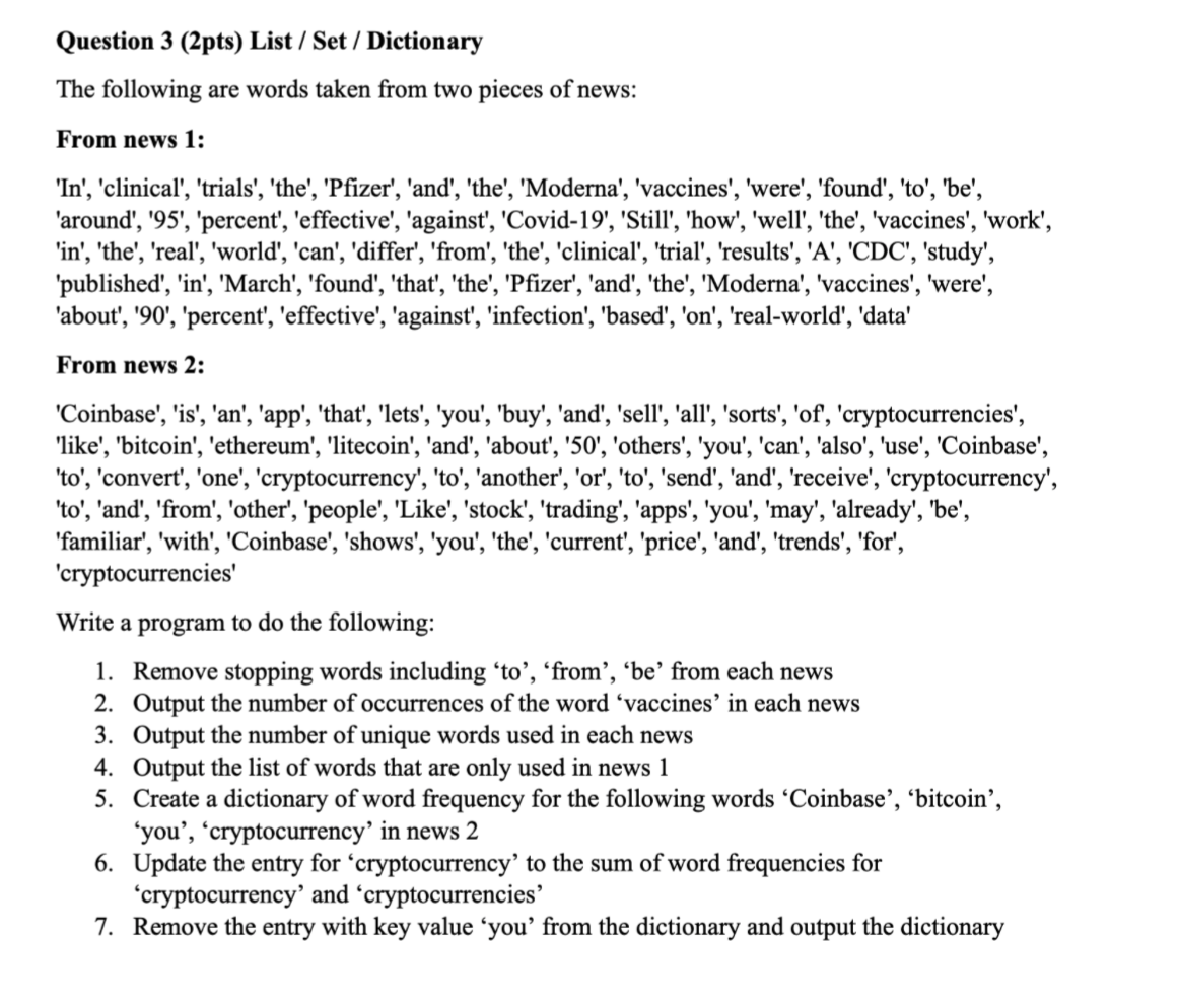 Solved Question 3 (2pts) List / Set / Dictionary The | Chegg.com