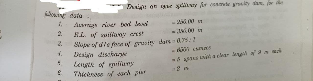 Solved Design an ogee spillway for concrete gravity dam, for | Chegg.com