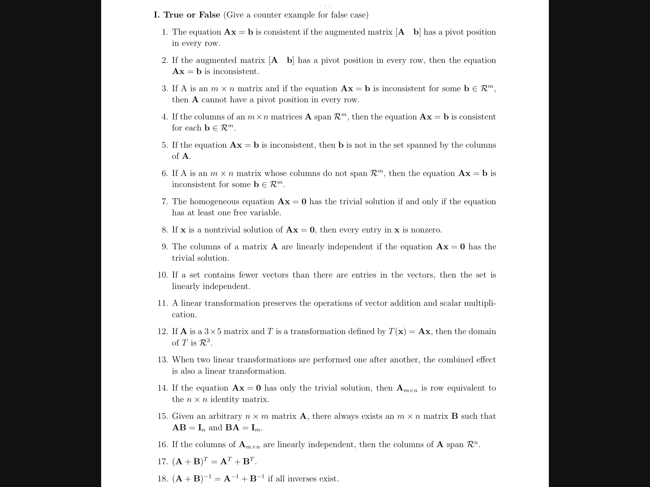 Solved I. True or ﻿False (Give ﻿a counter example for false | Chegg.com