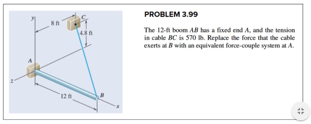 Solved PROBLEM 3.99 8 ft The 12-ft boom AB has a fixed end | Chegg.com