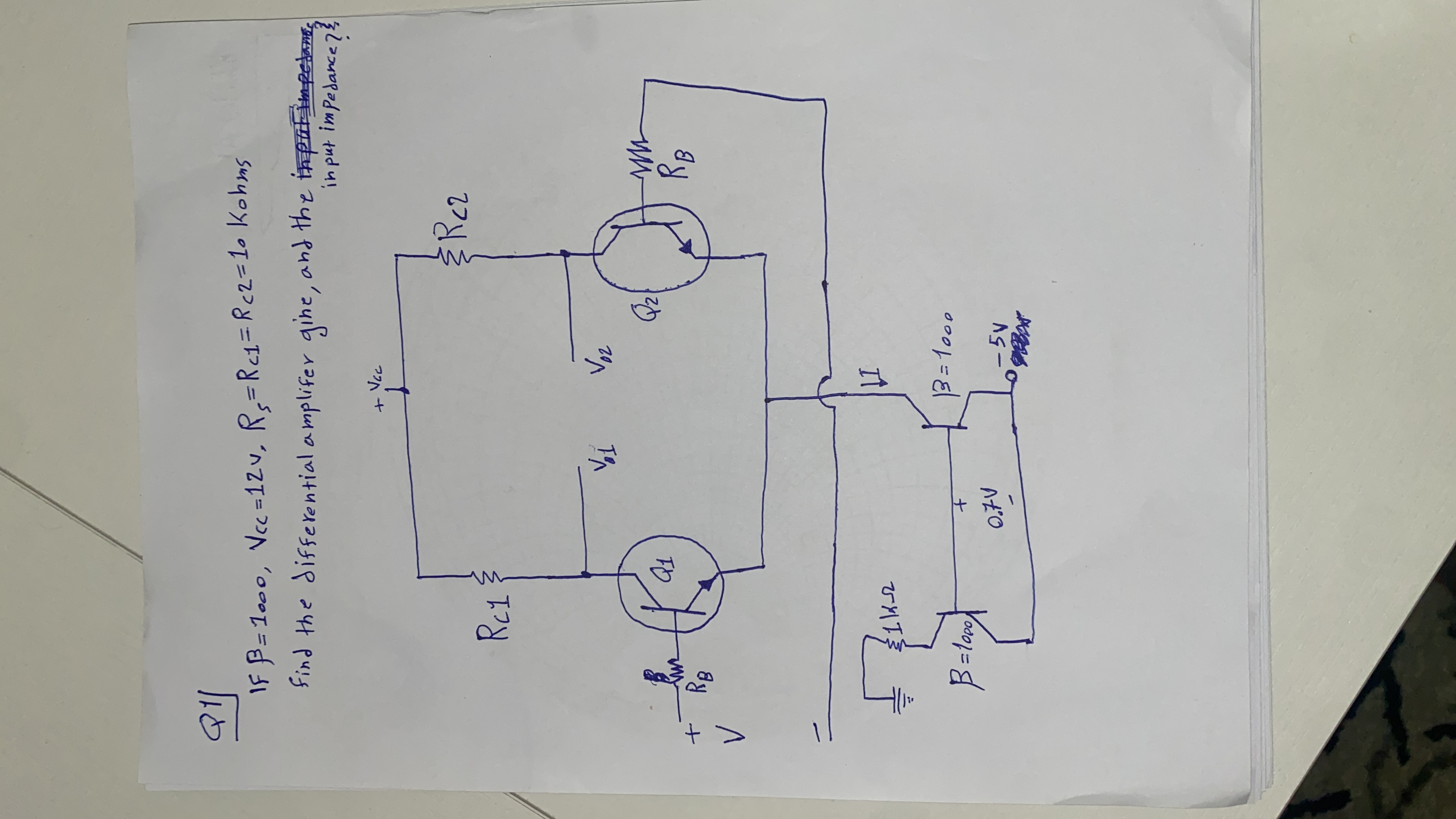 Solved Q1If β=1000,Vcc=12v,Rs=Rc1=Rc2=10 ﻿Kohmsfind the | Chegg.com
