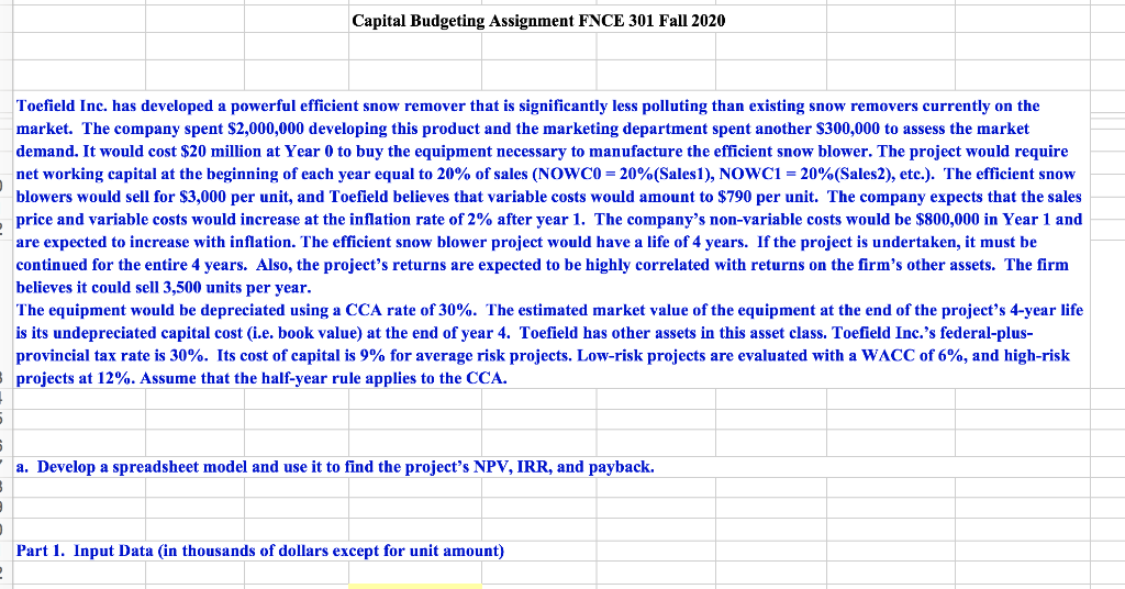 Capital Budgeting Assignment FNCE 301 Fall 2020 | Chegg.com
