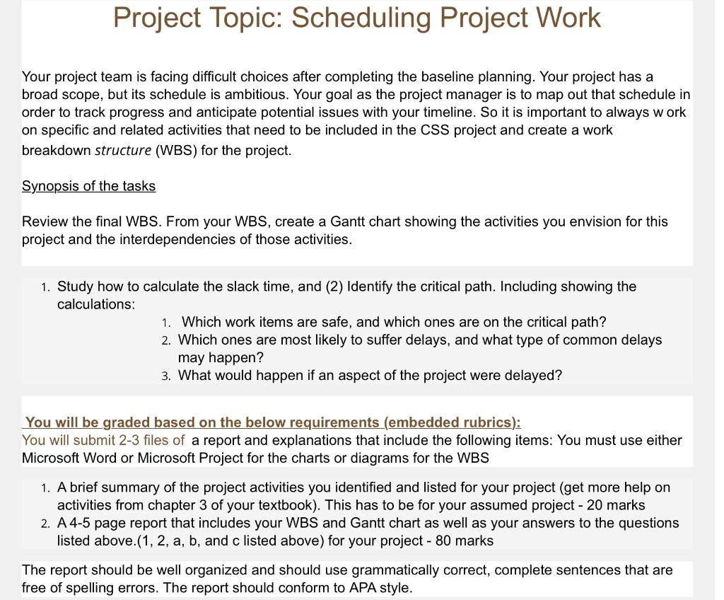 Project Topic: Scheduling Project Work Your project | Chegg.com