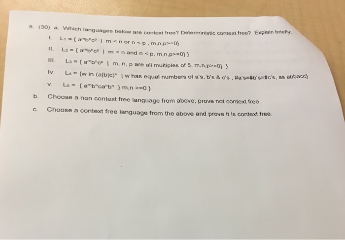 Solved 5. (30) a. Which languages below are context free? | Chegg.com
