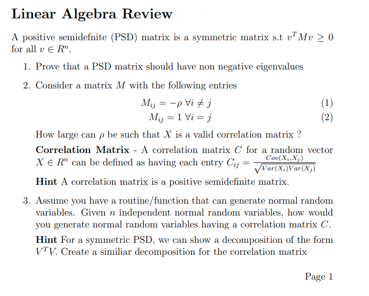 Solved Linear Algebra Review A positive semidefnite (PSD) | Chegg.com