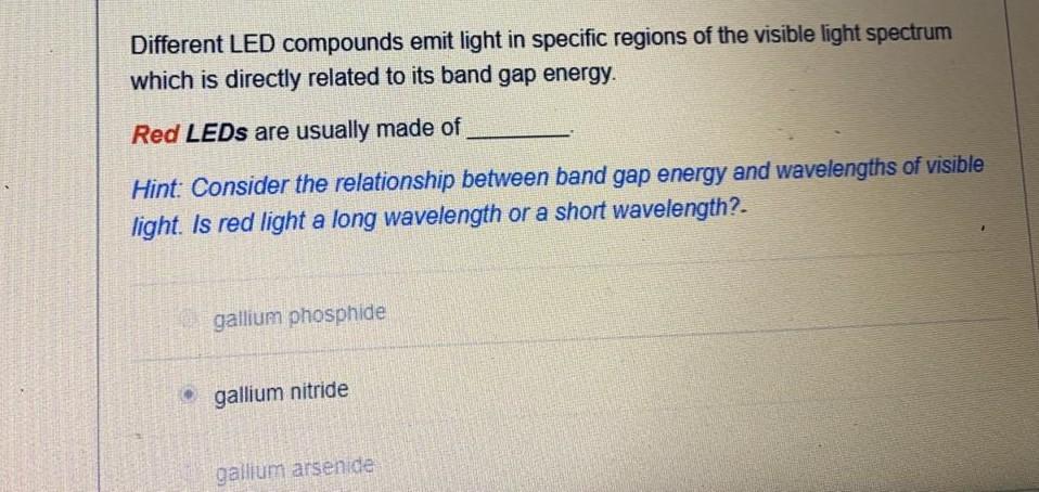 Solved Different LED compounds emit light in specific | Chegg.com